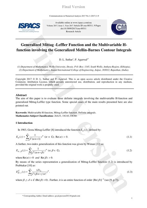 Pdf Generalized Mittag Leffler Function And The Multivariable H