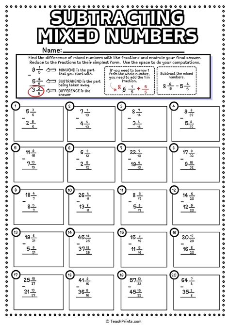 free subtracting mixed numbers worksheets teach prints
