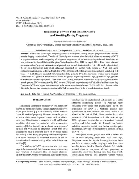 Pdf Relationship Between Fetal Sex And Nausea And Vomiting During