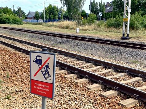 No Trespassing Sign At Railway Tracks In Poland Editorial Stock Image