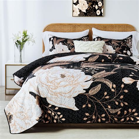 Yogeneg King Size Quilt Setwhite Gold Floral Botanical