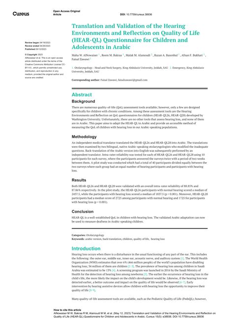 Pdf Translation And Validation Of The Hearing Environments And Reflection On Quality Of Life