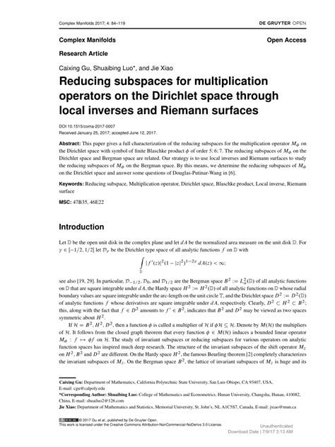 Pdf Reducing Subspaces For Multiplication Operators On The Dirichlet Space Through Local