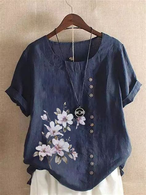 Camicetta Estiva In Lino E Cotone Stampato Da Donna Top Larghi Casual