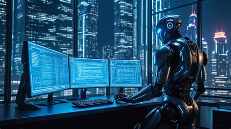 Futuristic Robot Coding In High Tech Office With Cityscape View Stock