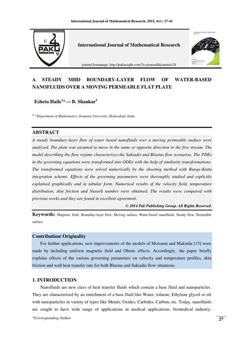 Pdf A Steady Mhd Boundary Layer Flow Of Water Based Nanofluids Over A