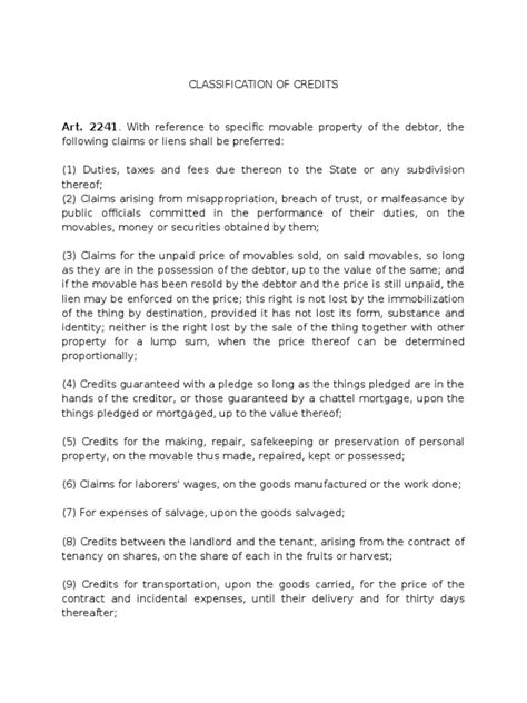 Classification Of Credits Pdf Lien Mortgage Law