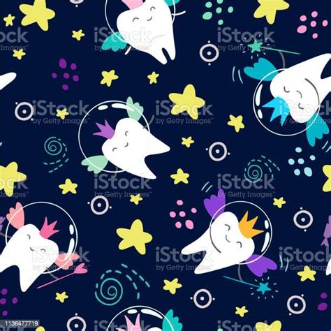 날개 거품 마법의 지팡이와 어두운 파란색 배경에 별과 마법의 이빨의 이미지와 함께 귀여운 완벽 한 패턴 벡터에 대한 스톡 벡터 아트 및 기타 이미지 Istock