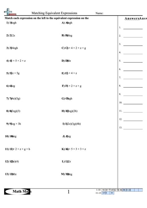 Matching Equivalent Expressions Worksheet Printable Pdf Download