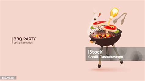 불꽃 스테이크 및 야채로 요리하는 그릴의 사실적인 3d 디자인 바베큐그릴에 대한 스톡 벡터 아트 및 기타 이미지 바베큐그릴 바비큐 3차원 형태 Istock