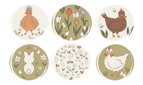 로고 디자인 템플릿 아이콘 및 배지의 귀여운 벡터 그린 세트는 소셜 미디어에 대 한 암탉 달걀 토끼 및 꽃과 같은 부활절 휴일 요소로 강조 표시 계절에 대한 스톡 벡터 아트