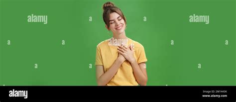 Happy Kind And Timid Young Attractive Woman With Gapped Teeth Smiling Sincere And Grateful
