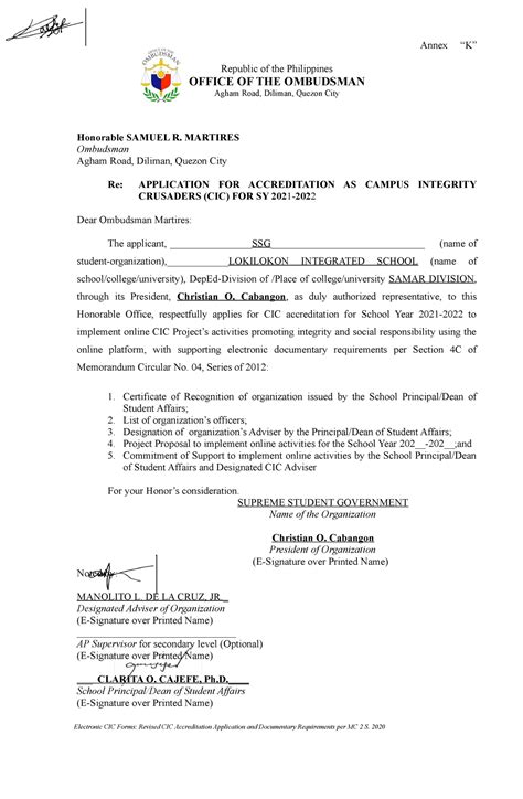 Manuh Cic Application Forms Per Sec Annex “k” Republic Of The Philippines Office Of The