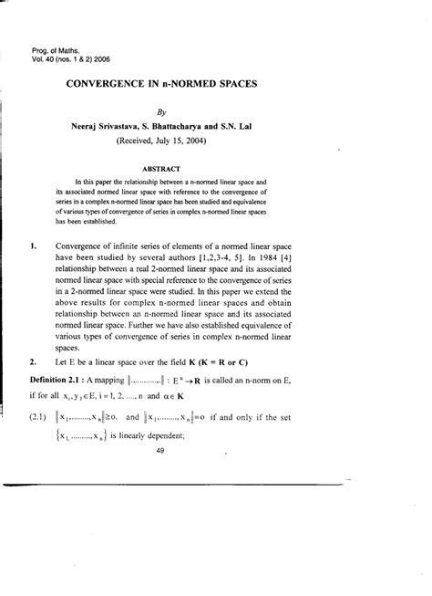 Pdf Convergence In N Normed Spaces