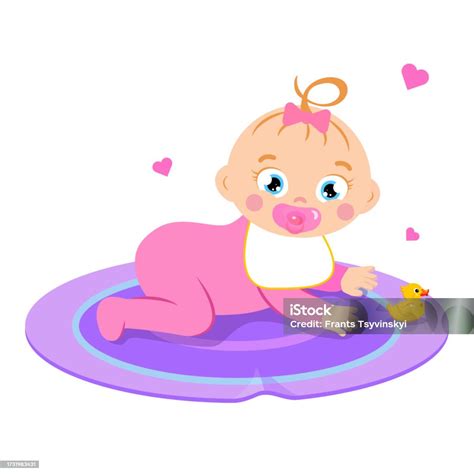 귀엽고 아름다운 여자 아기의 벡터 그림입니다 젖꼭지가 달린 양탄자 위를 기어다니는 여자 아기의 만화 장면 턱받이와 장난감 오리가 달린 분홍색 의상을 입고 흰색으로 고립된