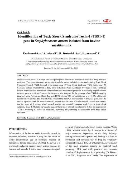 Pdf Identification Of Toxic Shock Syndrome Toxin 1 Tsst 1 Gene In Staphylococcus Aureus