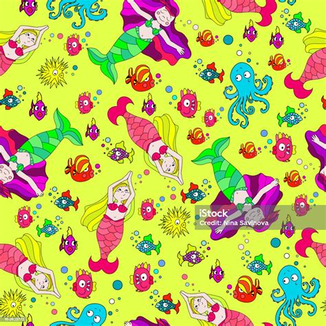귀 엽 고 재미 있는 손으로 그려진된 인 어와 물고기 원활한 패턴 벡터 0명에 대한 스톡 벡터 아트 및 기타 이미지 0명 가공의 인물 공주 Istock