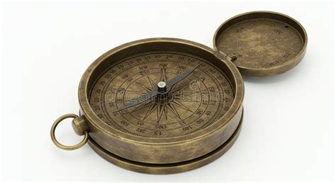 Antique Brass Compass With A Circular Shape And A Hinged Lid Partially