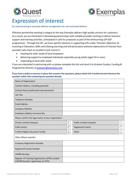 Exemplas Expression Of Interest For Subcontracting