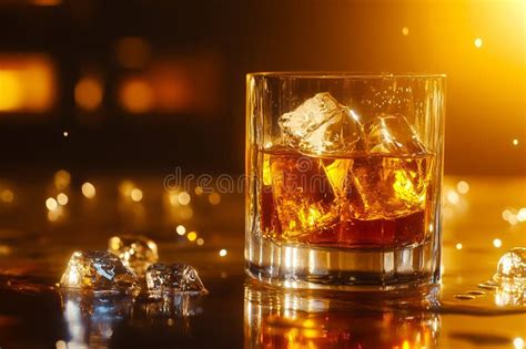 A Glass Of Whiskey With Ice Cubes On A Table Stock Image Image Of