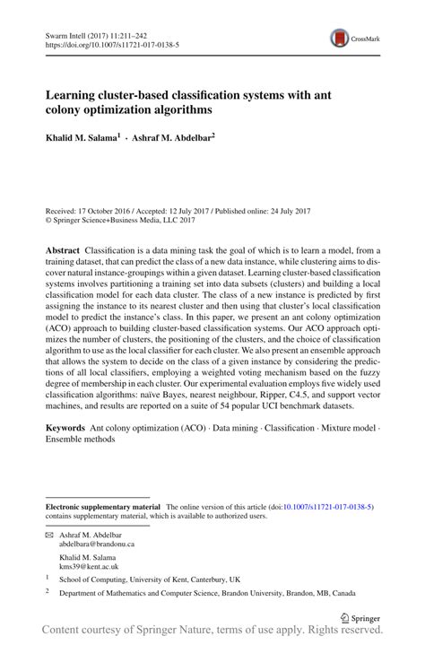 learning cluster based classification systems with ant colony