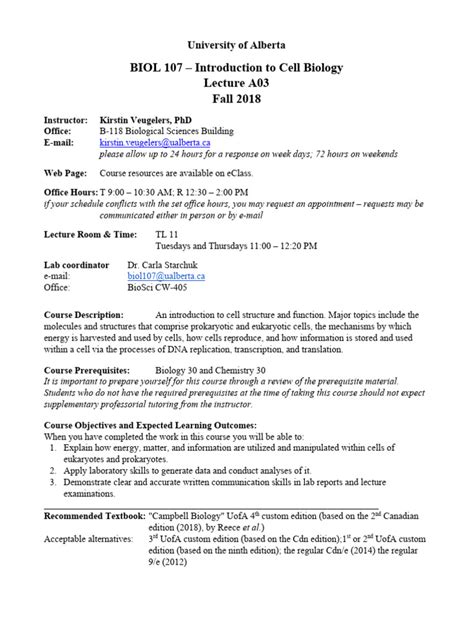 Biol 107 Lecture Fall Term Syllabus Pdf Cell Biology Academic Dishonesty