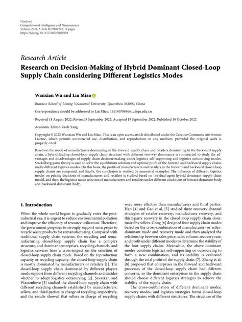 Pdf Research On Decision Making Of Hybrid Dominant Closed Loop Supply Chain Considering