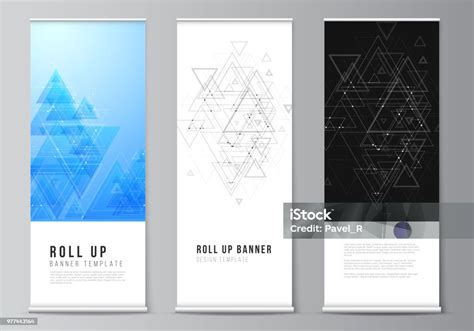 편집 가능한 벡터 사이트 배너 스탠드 수직 전단지 최대 롤의 플래그 비즈니스 템플릿 디자인 점 들과 라인을 연결 하는 삼각형 다각형 배경 연결 구조 가리기에 대한 스톡 벡터