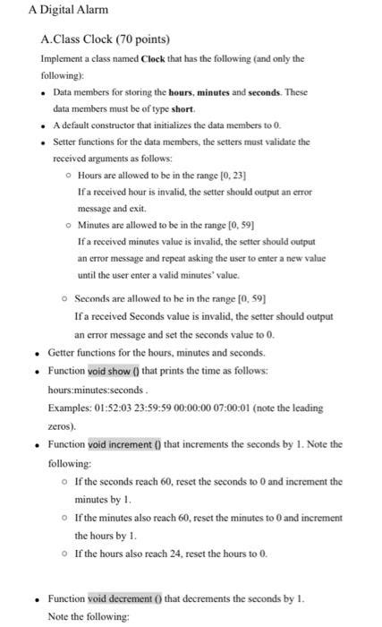 Solved A Digital Alarm Aclass Clock 70 Points Implement A