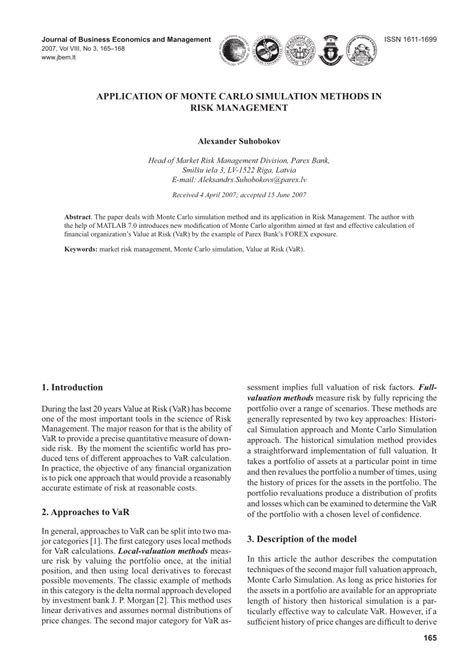 Pdf Application Of Monte Carlo Simulation Methods In Risk Management