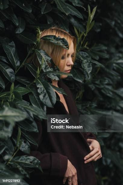 녹색 단풍을 배경으로 코트를 입은 여자 세련된 중년 여성 40세 마른 체격 패션모델에 대한 스톡 사진 및 기타 이미지 패션모델 40 44세 아름다운 여성 Istock