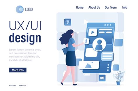 Ui Ux 디자인 방문 페이지 템플릿 여자는 모바일 응용 프로그램의 인터페이스를 만듭니다 여성 디자이너는 스마트 폰에 대한 응용 프로그램을 합니다 개념에 대한 스톡 벡터