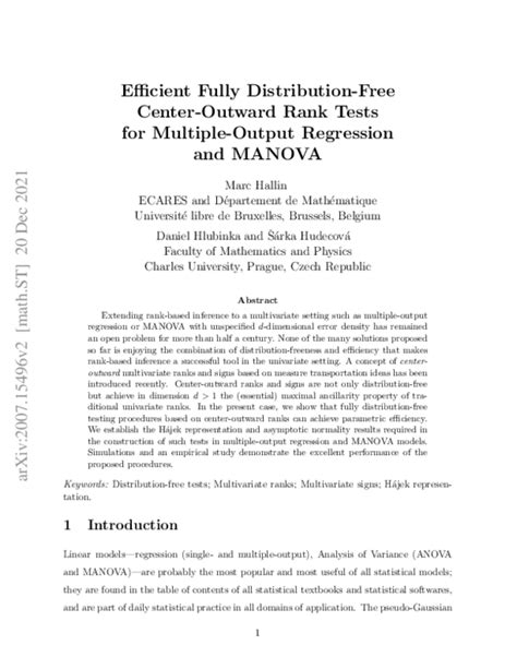Pdf Efficient Fully Distribution Free Center Outward Rank Tests For