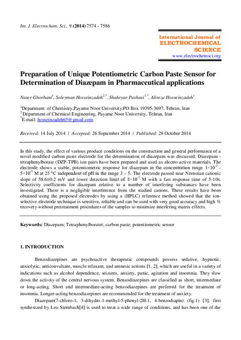 Pdf Preparation Of Unique Potentiometric Carbon Paste Sensor For Determination Of Diazepam In