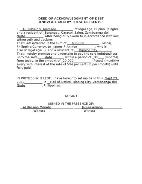 Deed Of Acknowledgment Deed Of Acknowledgment Of Debt Know All Men By