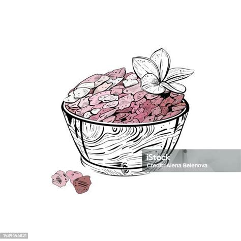 그릇에 분홍색 바다 화장품 소금이 있고 흰색 배경에 목련 꽃이 있는 벡터 그림 검은색 윤곽선 곡선의 그래픽 그리기 엽서 디자인 및 구성 장식 지문 포스터 스티커 기념품 문신