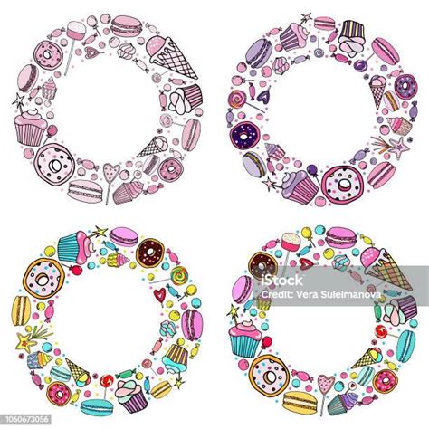 사탕 아이스크림 사탕 도넛 컵 케 익 마카롱 엽서와 전단지 또는 로고에 사용할 수 있는 원에 다른 과자의 벡터 세트 도넛에 대한 스톡 벡터 아트 및 기타 이미지 Istock