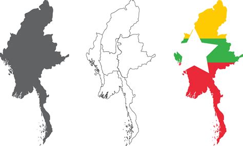 Myanmar Map Set With Grey And Flag Inside On Transparent Background