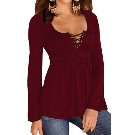 Women Long Bell Sleeve Tops Deep V Lace Up Casual Tunics Lace Crochet