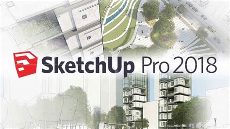 The Logo For Sketchup Pro 2018 Is Displayed In Front Of An Image Of Buildings