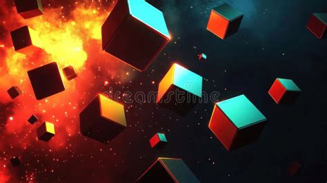 Abstract Visual Of Floating Cubes In A Cosmic Environment With Vibrant Colors Stock Illustration