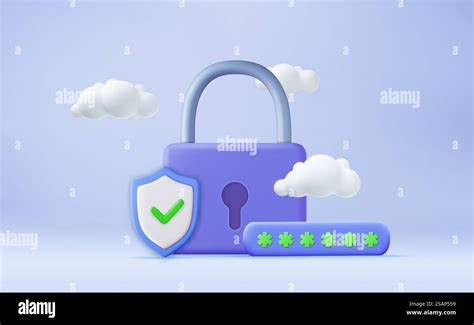 3d Security Shield Lock Check Mark And Cloud Cyber Protection 3d Rendering Password Protected