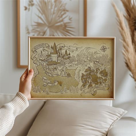 Magic School Map Beige Printable Wall Art Witch And Wizard Home Decor Instant Download