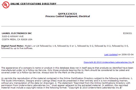 Laurel Electronics Ul Certificate Of Compliance