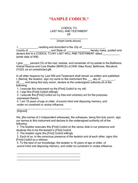 Fillable Online Sample Codicil Fax Email Print Pdffiller