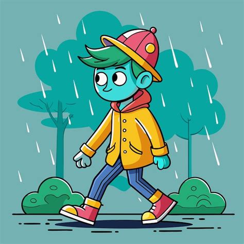 Иллюстрация мультфильма Мальчик идущий под дождем Премиум Ai сгенерированный вектор