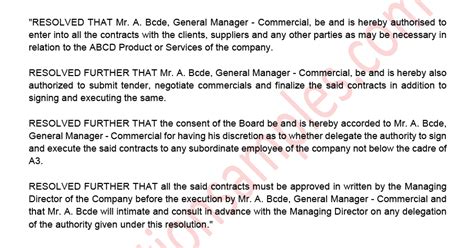 Format Of Board Resolution To Enter Into Contract Or Agreement