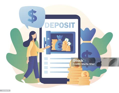 온라인 예금 개념 은행 계좌 은행 앱 은행 보안 안전 작은 여자는 달러로 은행 금고에 돈을 넣어 장기 비용 절감 금융 현대 플랫 만화 스타일 벡터 일러스트레이션 멀리