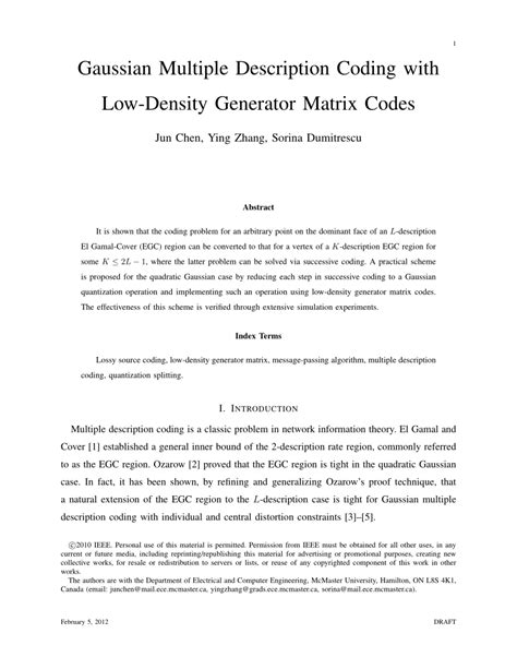 pdf gaussian multiple description coding with low density generator matrix codes