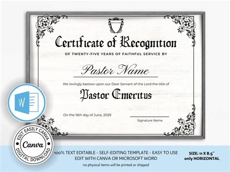 Editable Certificate Of Recognition Template Award Template Etsy